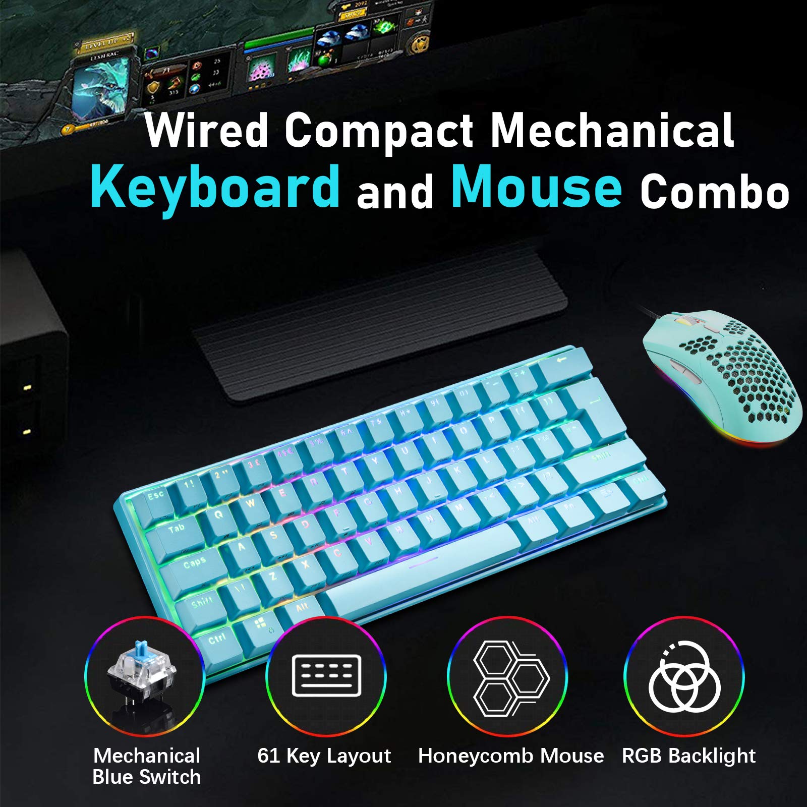 Mechanical Gaming Keyboard and Lightweight Honeycomb Mouse Combo with Rainbow RGB Backlit Full Anti-ghosting 61 Key Ergonomic Programmable Mice Wired USB for Laptop PC Gamer Typist(Blue/Blue Switch)
