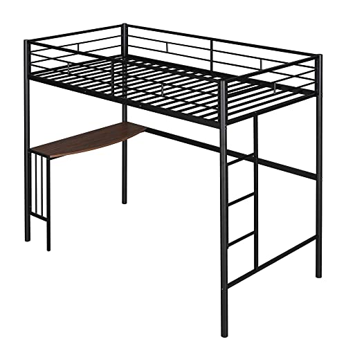ATY Metal Bunk Beds Twin Over Full Size, L Shaped Steel Bedframe w/Desk & Built-in Ladder and Full-Length Guardrail, No Box Spring Needed, Black