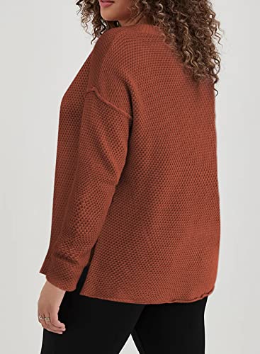 Eytino Womens Plus Size Waffle Knit V Neck Sweater Casual Long Sleeve Side Slit Button Henley Pullover Jumper Top,2X Red