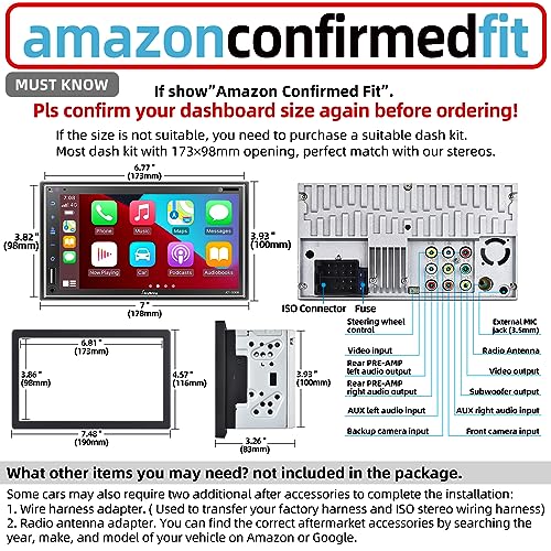 Double Din Car Stereo Compatible with Apple Carplay, 7 Inch Full HD Capacitive Touchscreen - Bluetooth, Mirror Link, Backup Camera, Steering Wheel, Subwoofer, USB/SD Port, A/V Input, FM/AM Car Radio