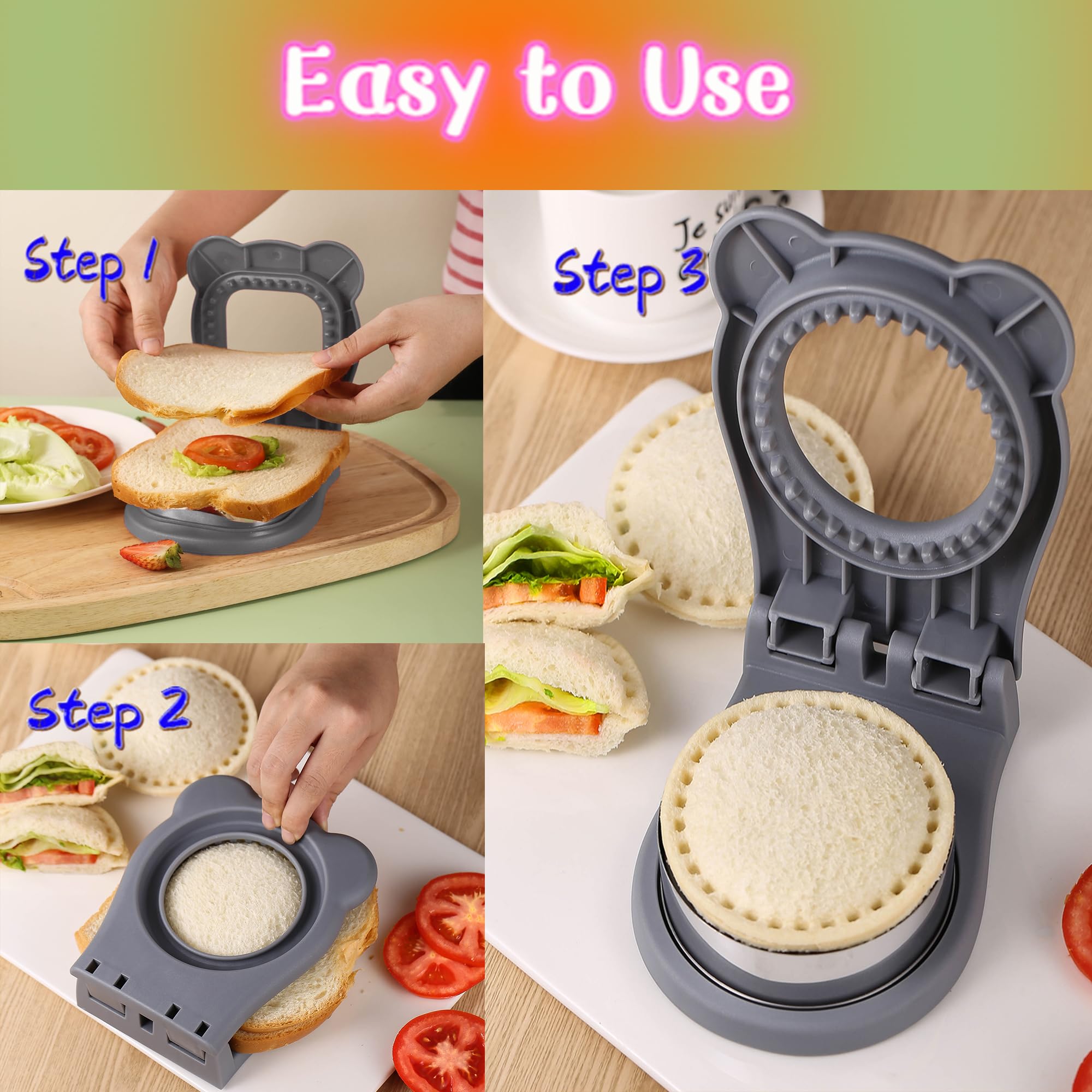 BOSIDETOOL Sandwich Cutter and Sealer, Decruster Sandwich Maker for kids lunch Uncrustable Sandwich Maker,Easy for School Lunchbox and Bento Box Grey