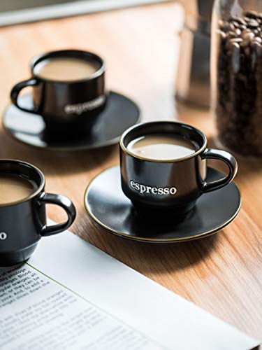Espresso Cups with Saucers Set, 4 Ounces Demitasse Cups and Metal Stand Porcelain Coffee Cups, Stackable Mugs for Espresso Latte Cafe Mocha and Tea, Set of 6