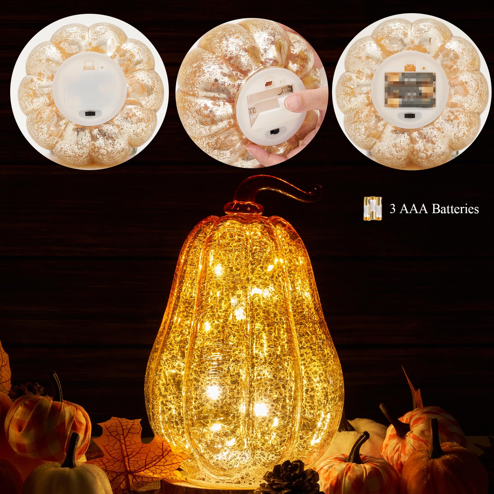 Lamris Pumpkin Decor Mercury Glass Pumpkin Lights Cracked 8 Inches Fall Table Centerpiece Farmhouse Autumn Home Thanksgiving Decorations