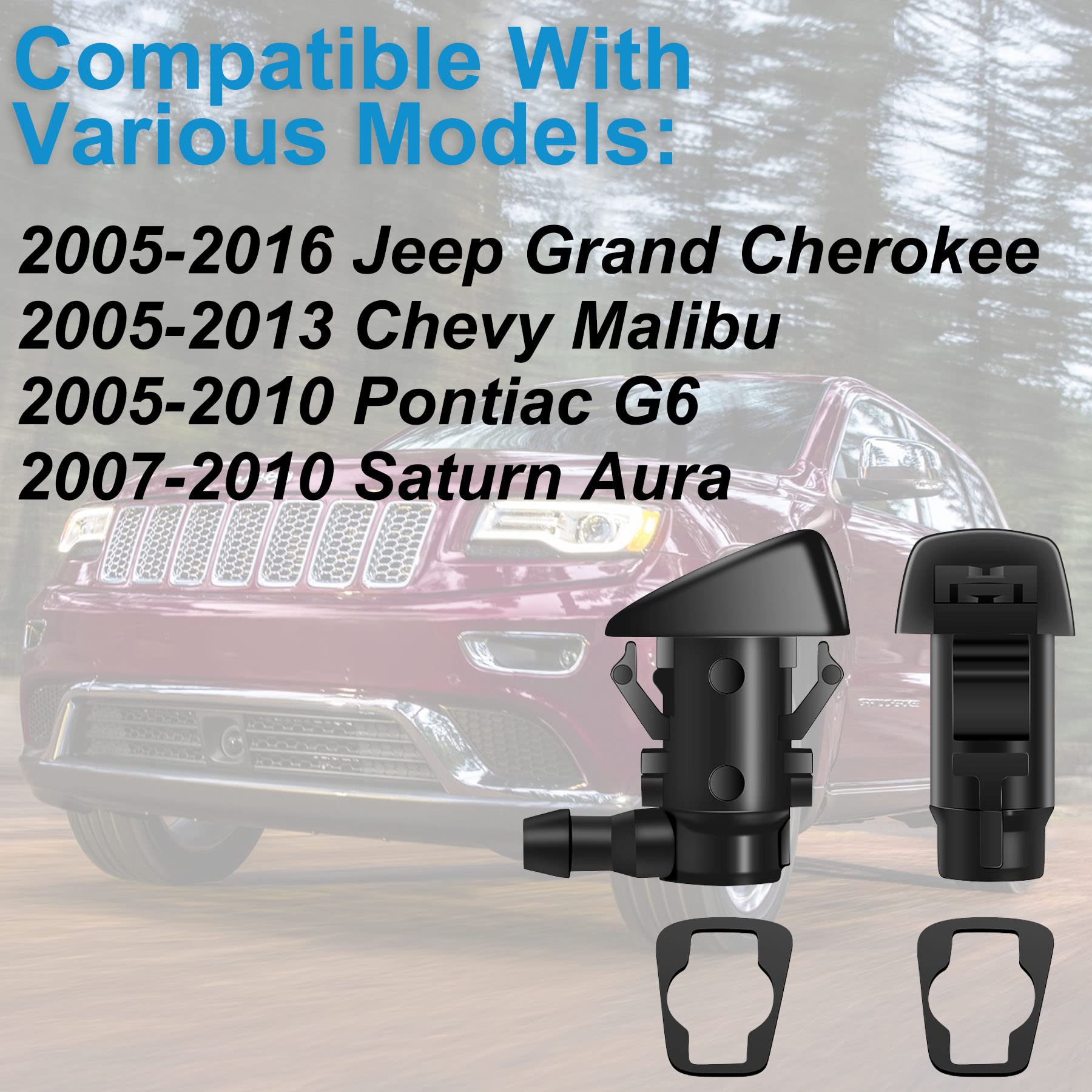 Belleone Windshield Washer Nozzle Kit Compatible with 2005-2016 Jeep Grand Cherokee, 2005-2013 Chevy Malibu, Pontiac G6, Saturn Aura, Replace #55372143AB, 15247800, 55156427AB, 55079049AA, 2PCS