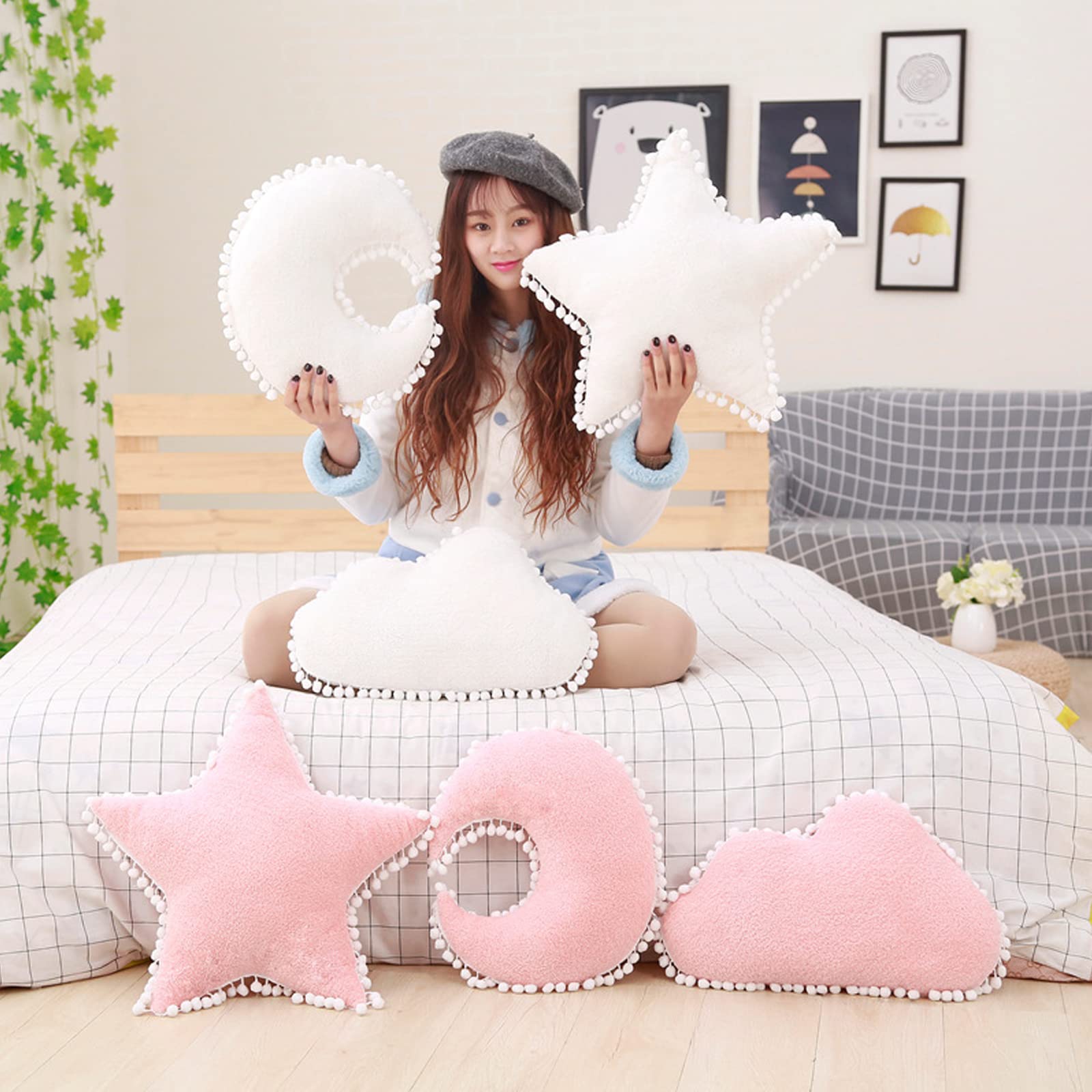 elfishgo Creative Star Moon and Cloud Plush Pillows Stuffed Toys (White, Star)