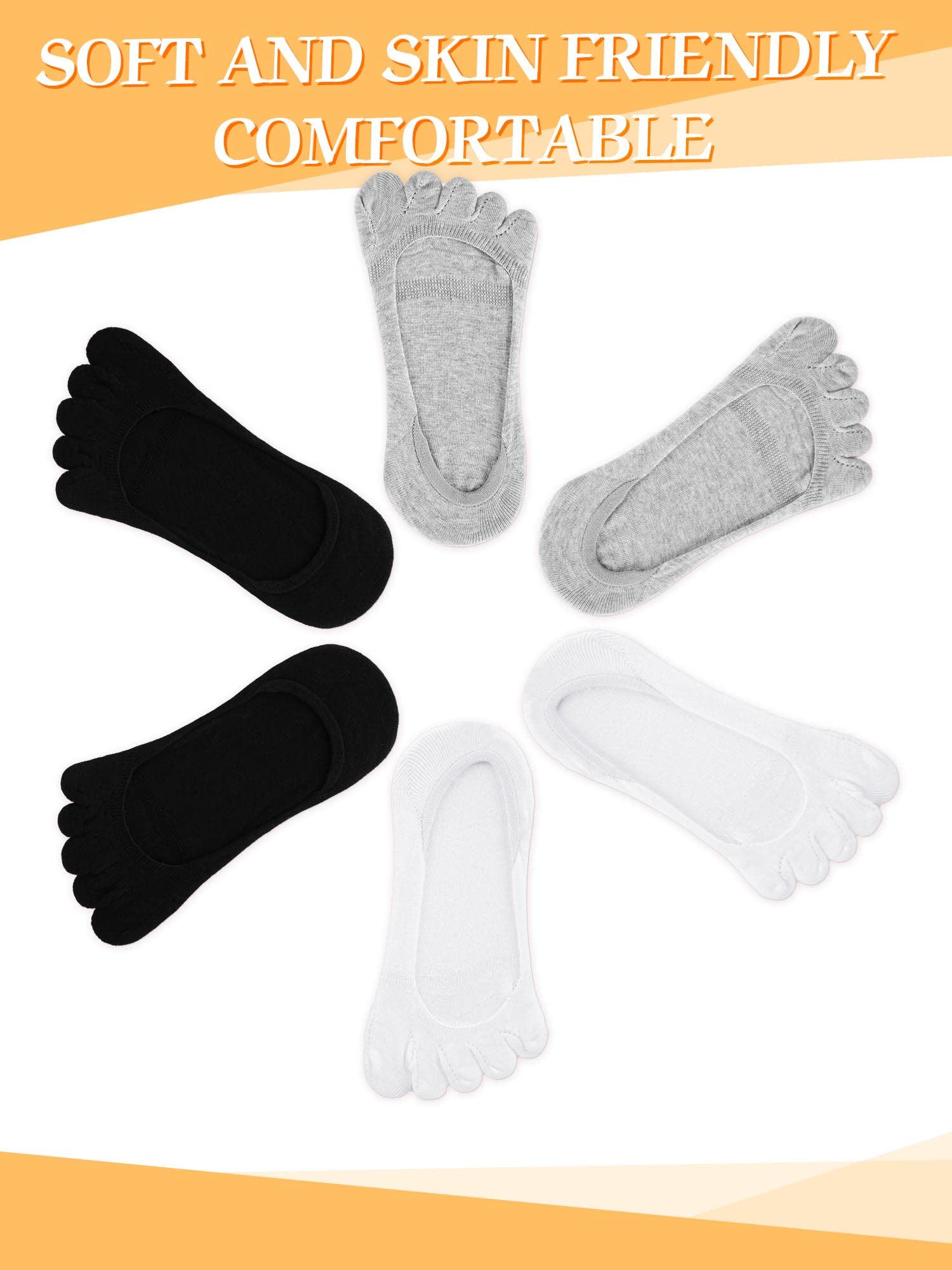 Bencailor 6 Pairs No Show Toe Socks Women Low Cut Toe Separator Socks Invisible Liner Boat Breathable Athletic Cotton Sock(Black, White, Gray)