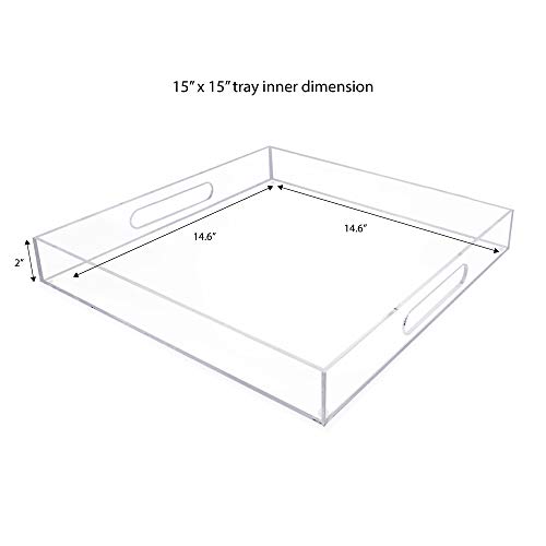Isaac Jacobs Clear Acrylic Serving Tray (15x15) with Cutout Handles, Spill-Proof, Stackable Organizer, Space-Saver, Food & Drinks Server, Indoors/Outdoors, Lucite Storage Décor & More