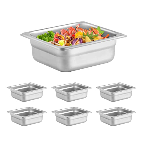 HOCCOT 6 Pack Pans 1/6 Size 2.6" Deep, 304 Stainless Steel, Commercial Hotel Pan, Steam Table Pan, Catering Food Pan