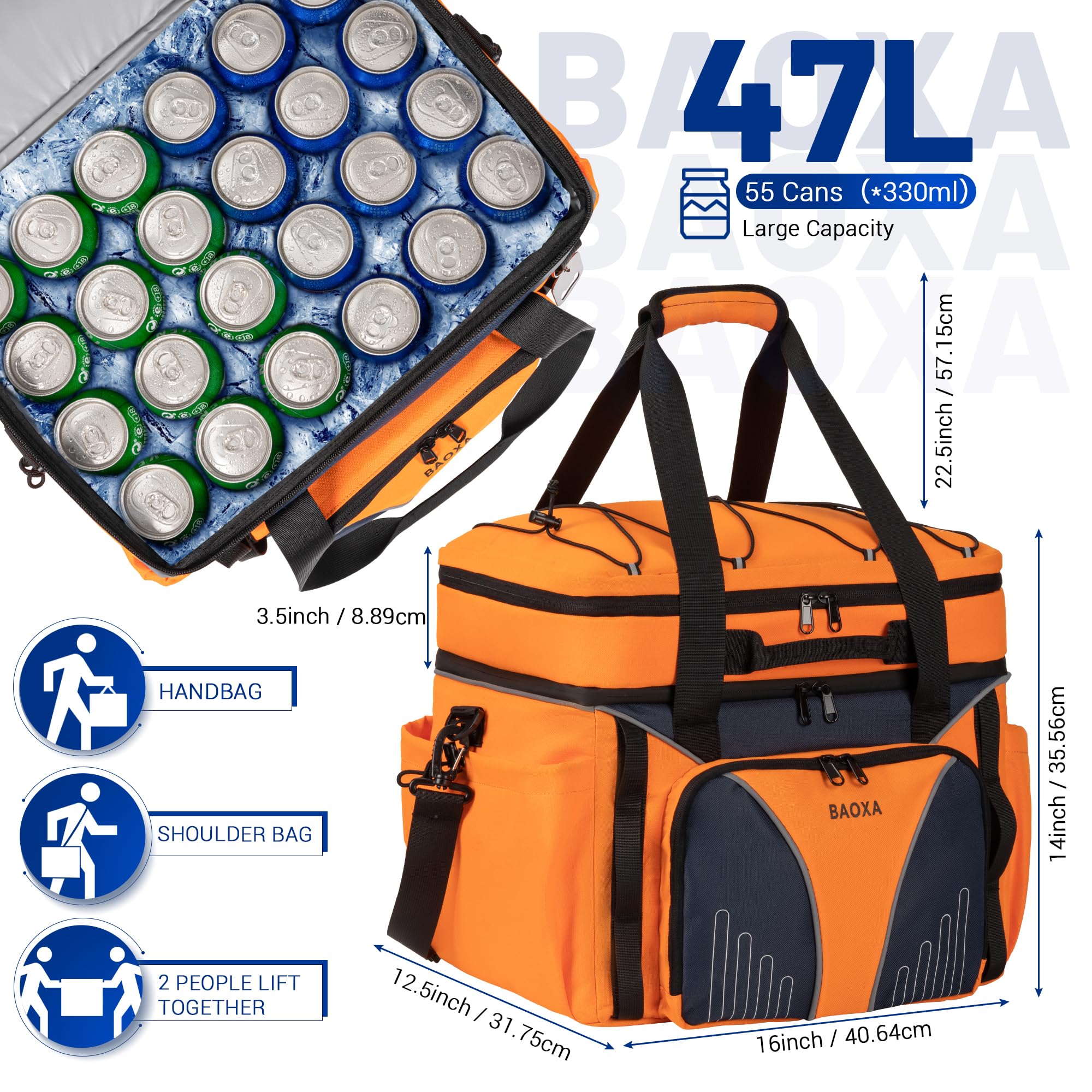 BAOXA Dual Compartment Soft Sided Cooler Bag, 55 Cans Collapsible Lunch Cooler Bags Insulated, Large Lunch Box for Men, Leak proof Lunch Bag for Beach Camping Travel Picnic (Orange)