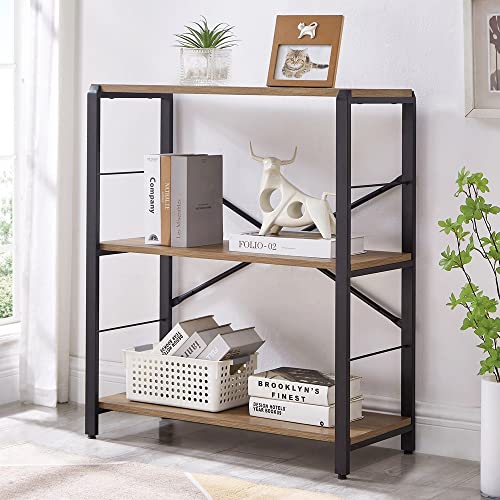 FOLUBAN Industrial Bookshelf, 3 Tier Open Book Shelf, Rustic Wood and Metal Shelving Unit for Living Room, Oak