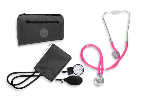 Elite Medical Instruments EBE-340-Pink Sprague Rappaport Stethoscope with Black Aneroid Sphygmomanometer Blood Pressure Cuff Set