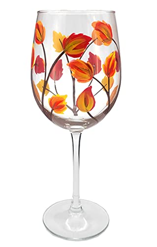 Autumn Leaves Wine Glass - Fall Colors - Leaf, Red, Yellow, Orange - Hand Painted - Thanksgiving Wine Glass
