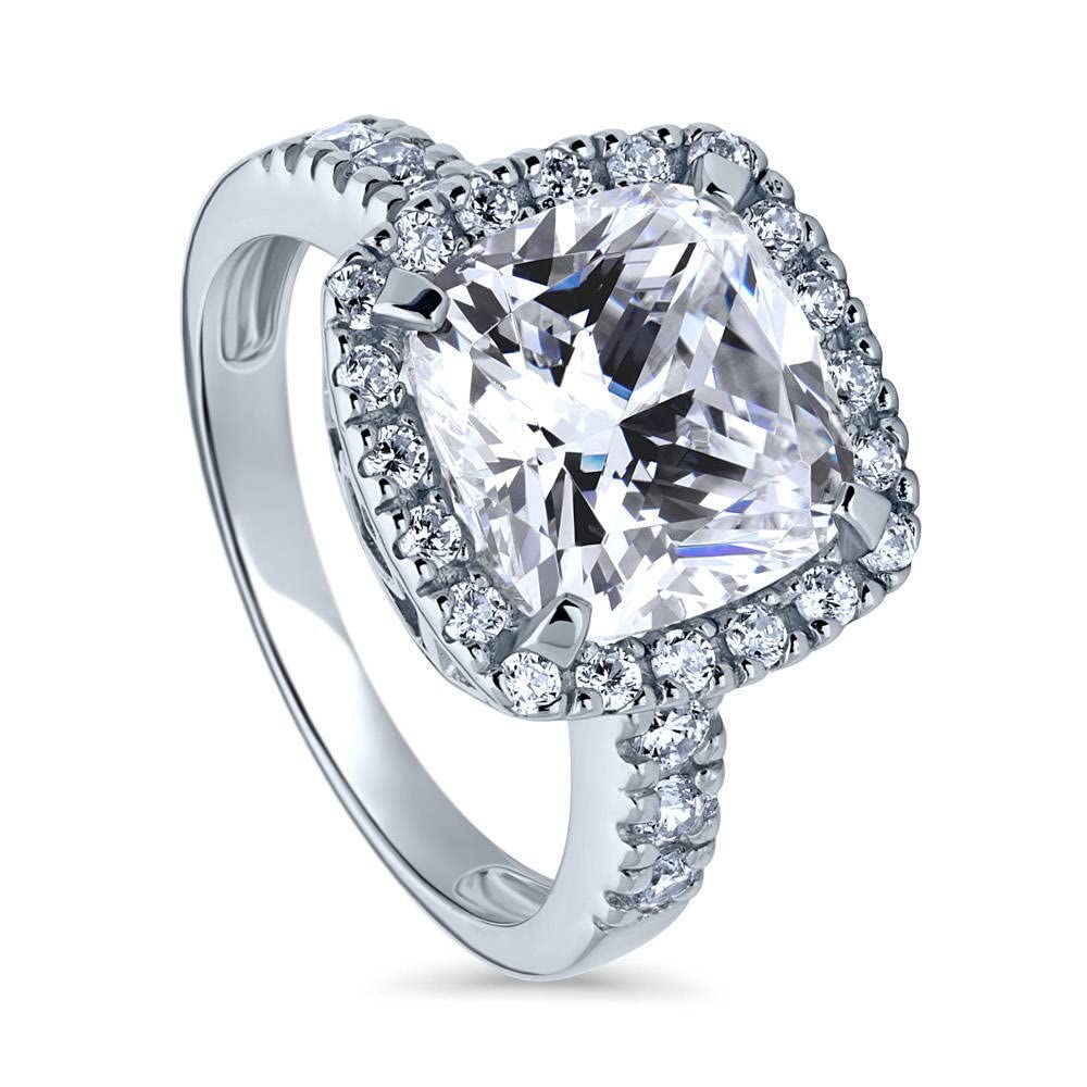 BERRICLE Sterling Silver Halo Wedding Engagement Rings Cushion Cut Cubic Zirconia CZ Statement Cocktail Ring for Women, Rhodium Plated Size 7.5