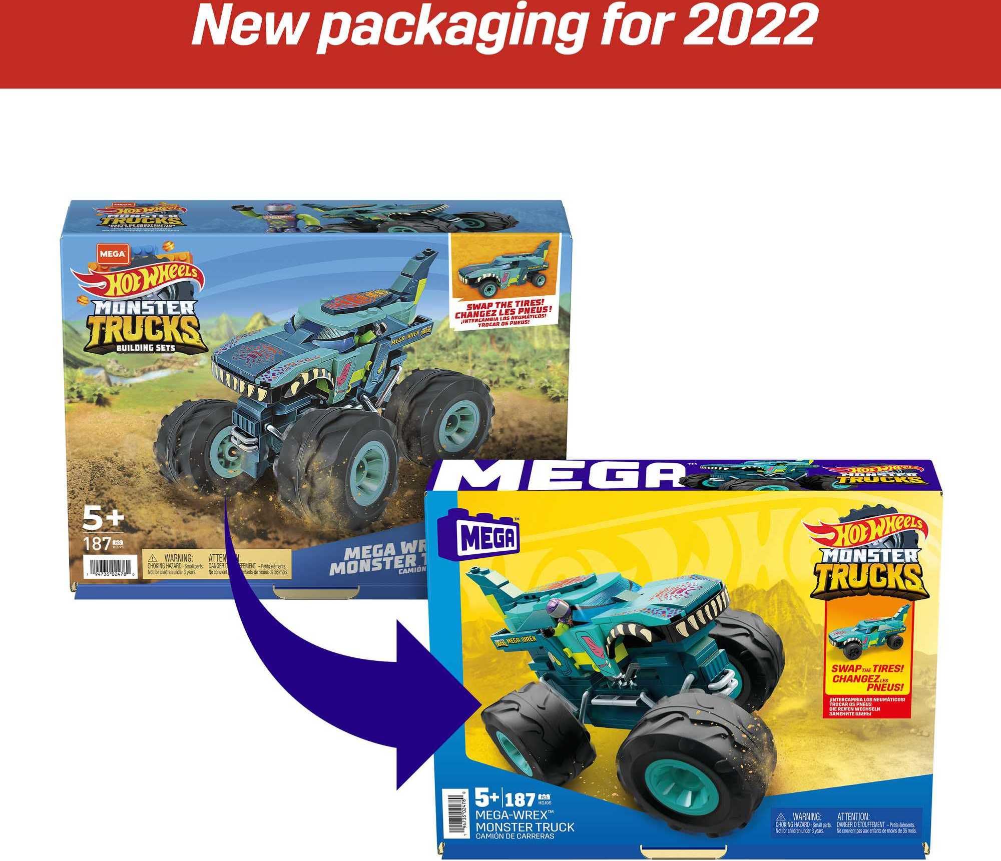 MEGA Construx Hot Wheels Monster Trucks Toy Car Building Set, MEGA-Wrex with 187 Pieces, 1 Micro Action Figure Driver, Red, Kids Age 5+ Years