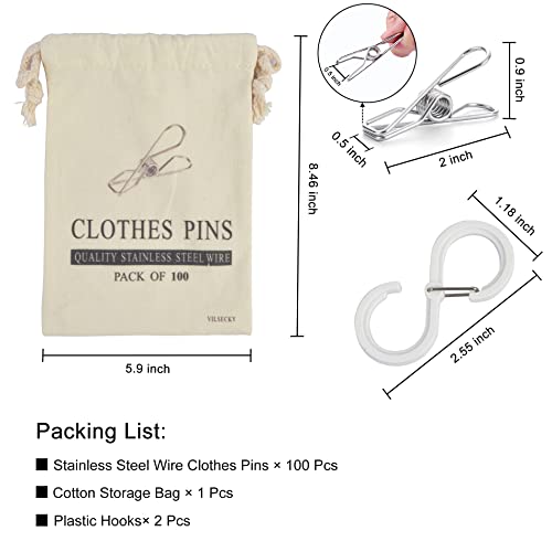 Clothespins Laundry Chip Clips - 100 Pack Bulk Durable Stainless Steel Clothes Pins,Heavy Duty Clamp Metal Wire Clothes Pegs with One Storage Bag & 2 Hooks,for Outdoor Clothesline Home Kitchen Office