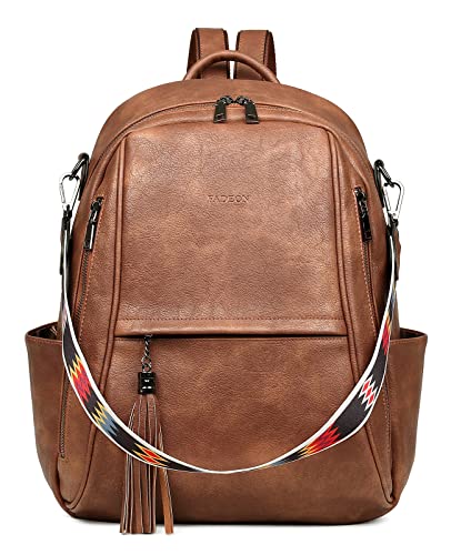 FADEON Leather Laptop Backpack Purse for Women Laptop Backpacks, Designer Mutiple Pockets Ladies Shoulder Bags Brown