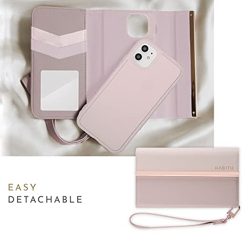 HABITU [Folio Collection 2022 Eris Tri-Fold Pink Wallet Case for iPhone XR/11, Detachable Vegan Leather Magnetic Folio with Card Pockets, Mirror & Strap for Women, for Women