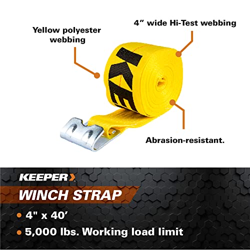 Keeper - 4" x 40β Winch Strap With Flat Hook - 5,000 lbs. Working Load Limit And 15,000 lbs. Break Strength