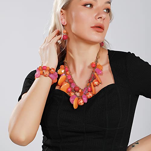 Bocar 2 Layer Statement Necklace Set Chunky Beaded Fashion Necklace with Earrings Bracelet for Women Gifts (NK-10619-set)