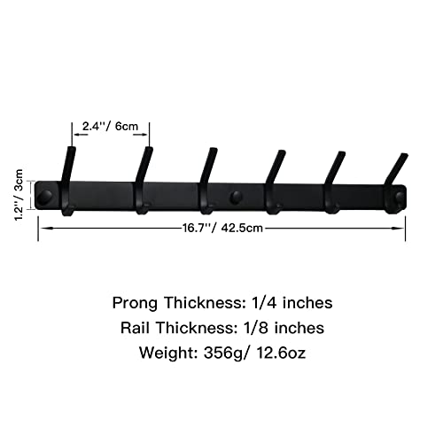 Coat Rack Wall Mounted with 6 Dual Hooks Rail for Hanging Clothes Hats Bags Keys at Entryway Towel Head Wraps Robes at Mudroom Mugs at Kitchen Room Organization (Black)