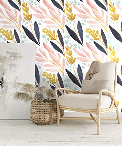 HAOKHOME 93027 Watercolor Forest Peel and Stick Wallpaper Removable White/Pink/Navy/Yellow Floral Vinyl Self Adhesive Shelf Liner 17.7in x 9.8ft