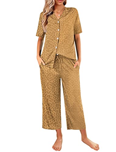 Ekouaer Womens Satin Pj Silk Pajama Comfy Classic Satin Pajamas Button Down Lounge Sets V-neck Pajamas with 2 Pockets Light Brown Leopard Print Large