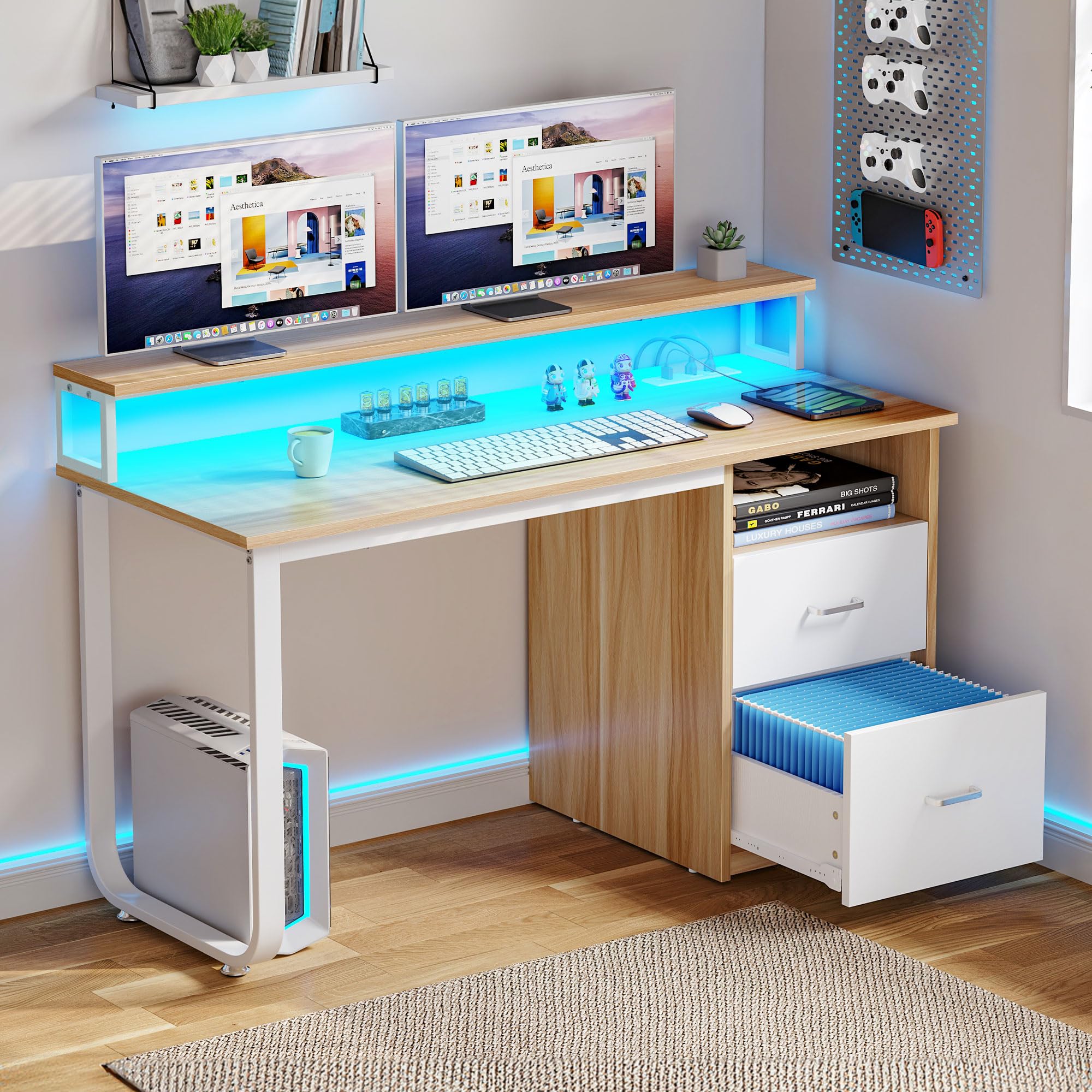 YITAHOME Computer Desk with Drawers, 47.2" Office Desk with Power Outlets & LED Light, Home Office Desk with Storage Shelves, Wood Grain