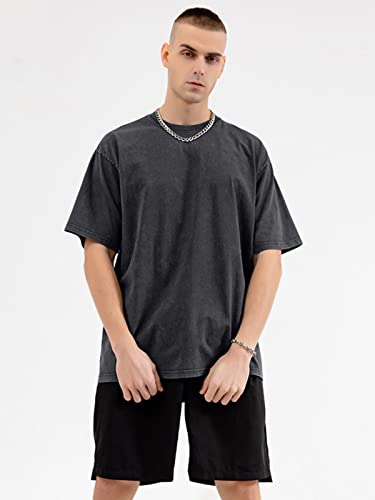 KEEPSHOWING Men's Cotton T-Shirts Oversized Unisex Short Sleeves Casual Loose Wash Solid Basic Tee Tops(A-Black XL)