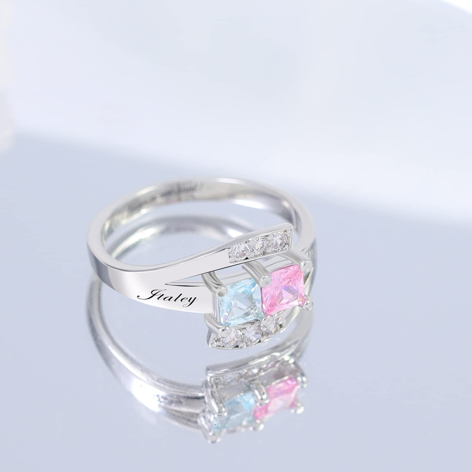 AREH Personalized Mothers Ring with 2 Princess-Cut Birthstones Custom Engraved Names Engagement Rings for Women