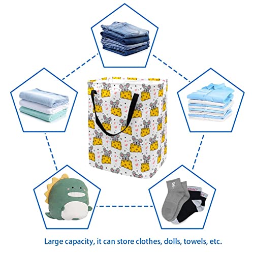 Laundry Baskets with Handles Foldable Doodle Mouse and Cheese Print Storage Hamper for Adult Kids Teen Bedrooms Bathroom Dirty Clothes Sorter