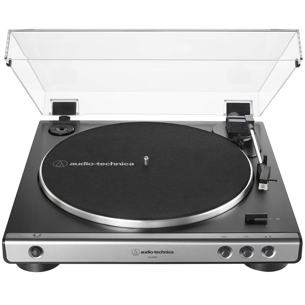 Audio-Technica AT-LP60X-GM Fully Automatic Belt-Drive Turntable 33-1/3 & 45 RPM Gunmetal Black with Essentials Bundle Includes Protective Turntable Platter and Vinyl Record Cleaning System