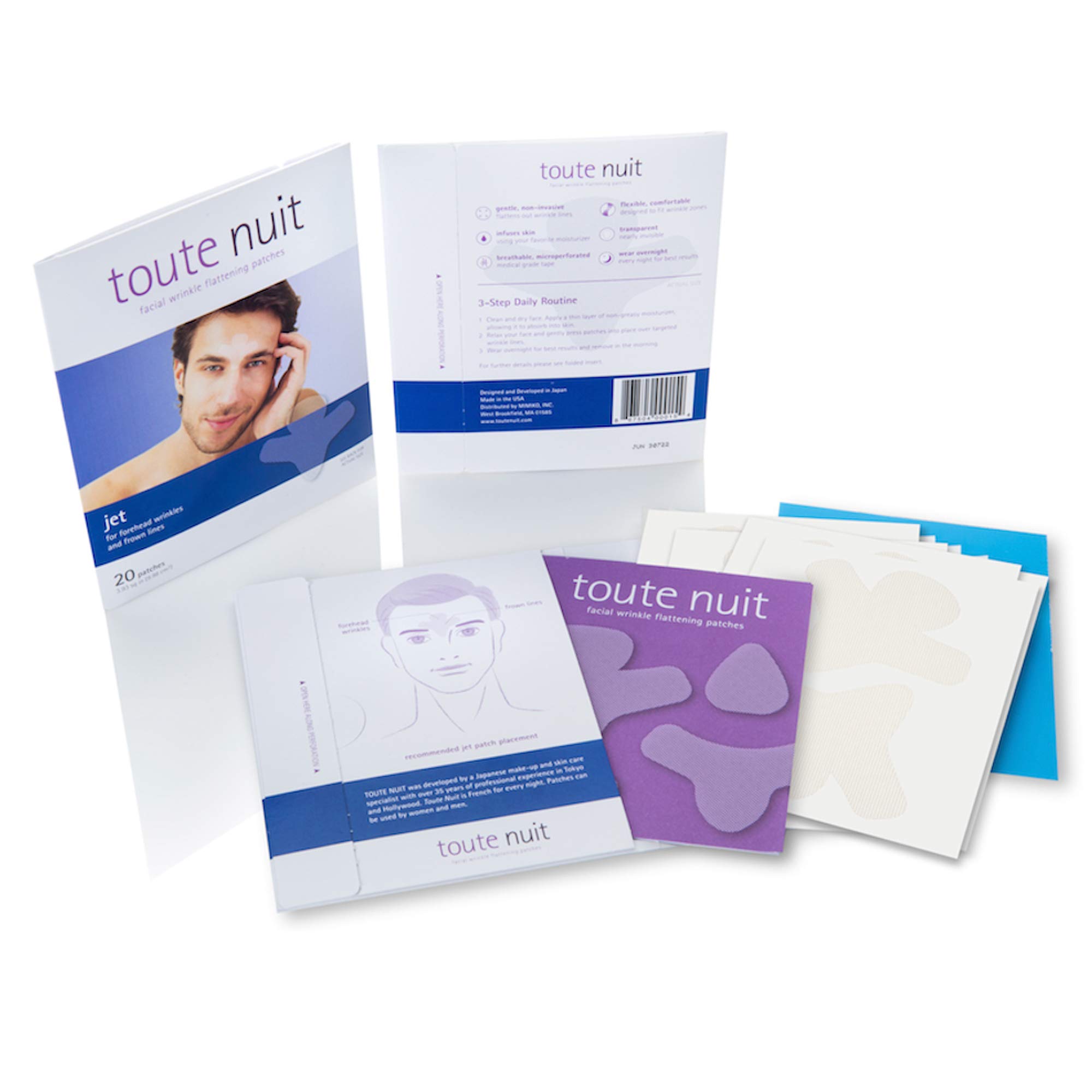 Toute Nuit Facial Wrinkle Patches, Face Tape, Jet, Unisex, Extra Large Frown Lines and Forehead Coverage, 20 Patches