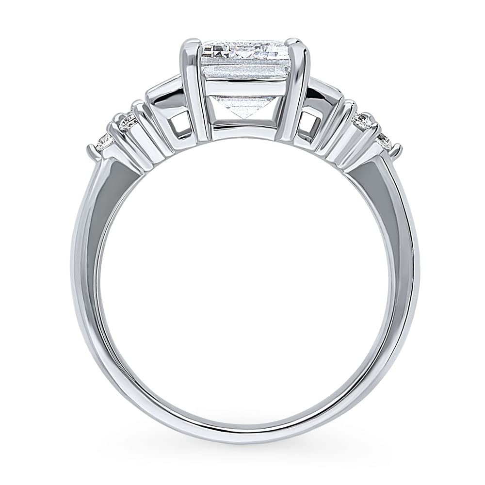 BERRICLE Sterling Silver 3-Stone Wedding Engagement Rings Emerald Cut Cubic Zirconia CZ Ring for Women, Rhodium Plated Size 7