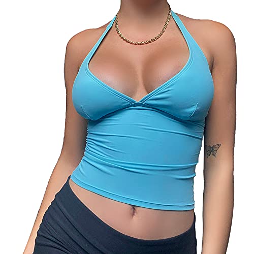 DREAM SLIM Women's Tie Back Halter Crop Top Sexy Deep V Neck Sleeveless Tie Back Camisole Casual Workout Tank Tops (Blue, S)