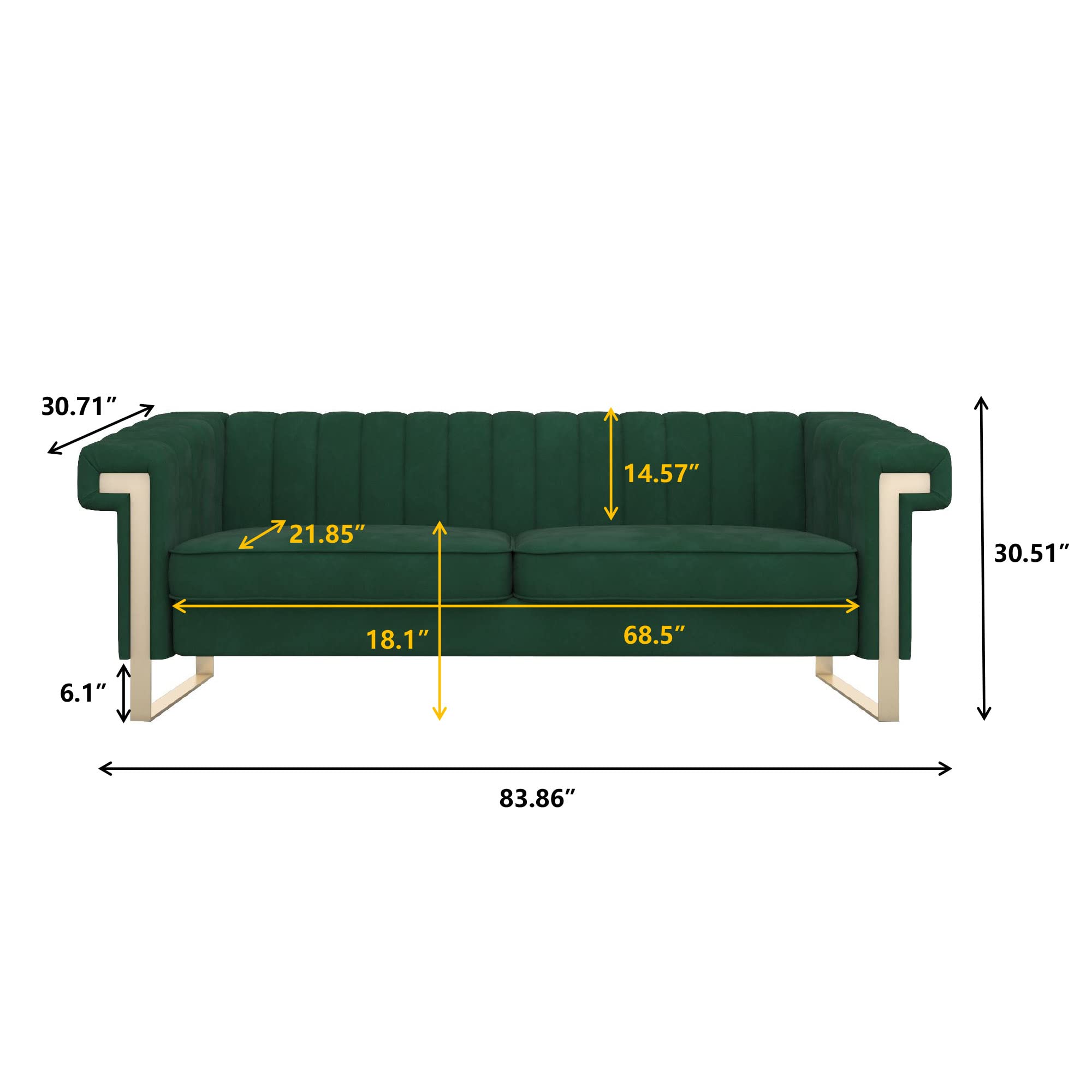 MGH Modern Velvet Sofa,Channel Tufted Velvet Sofa Couch with Stainless Steel Base and Comfortable Cushion,83.86“ Lx 30.71“ Wx 30.51“ H (Green)