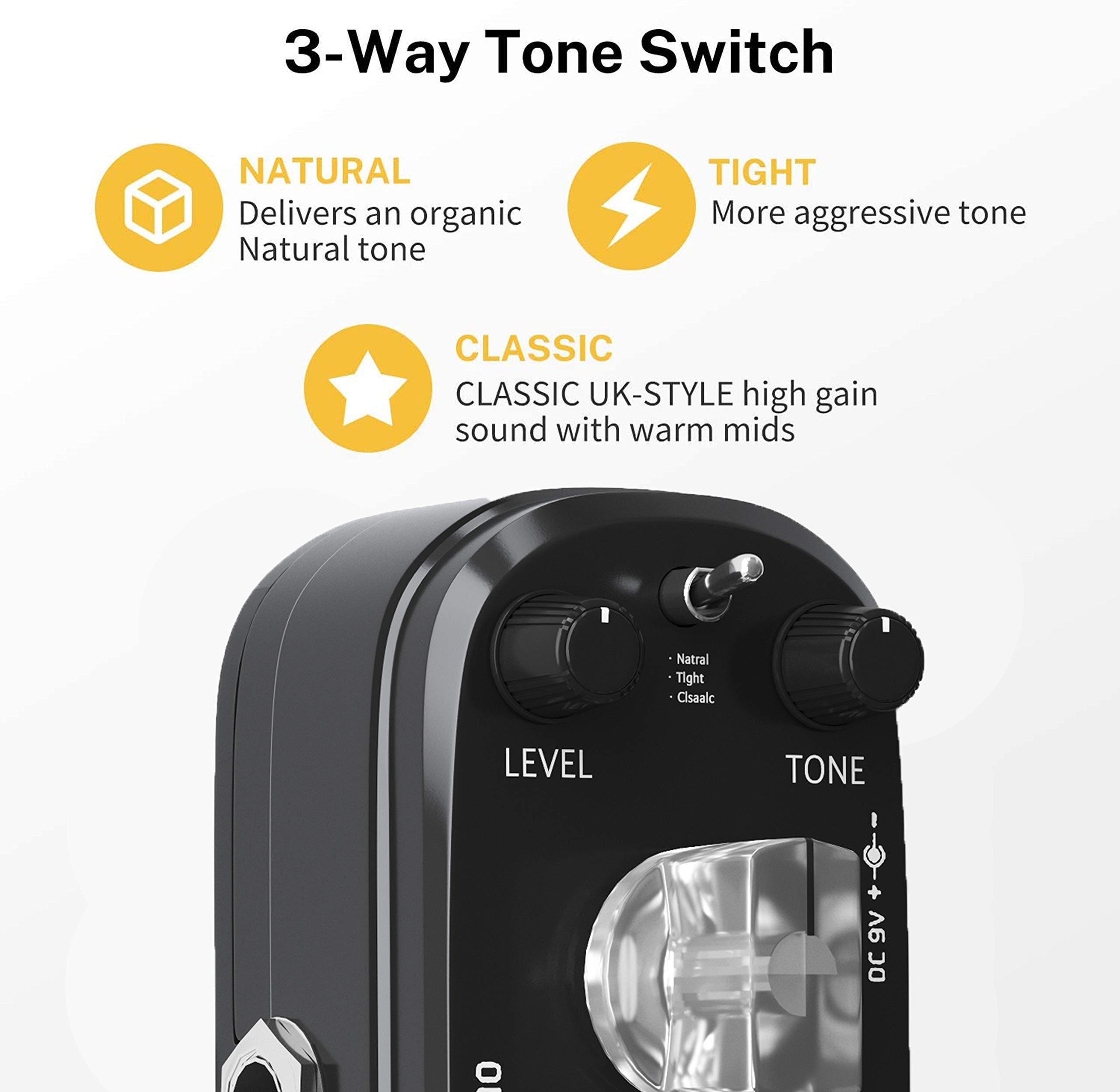AZOR Distortion Guitar Effect Pedal 3 Modes Natural, Tight, Classic with Guitar Pedal Power Cable,9V Battery Clip Converter Power Cable