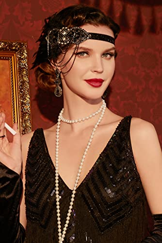 BABEYOND 1920s Flapper Headband 20s Great Gatsby Headpiece Black Feather Headband 1920s Flapper Gatsby Hair Accessories (Black)