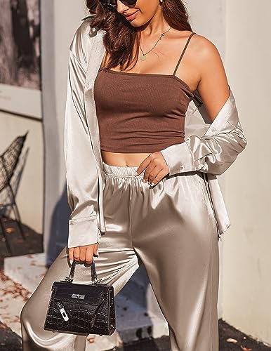Ekouaer Womens Silky Loungewear Loose Satin Sleepwear Classic Long Sleeve Two Piece Pajama Set Champagne S