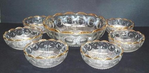 Bartlett Collins - Manhattan - Clear & Gold Rim -7 pc Glass Berry Bowl Set Bullseye Cane