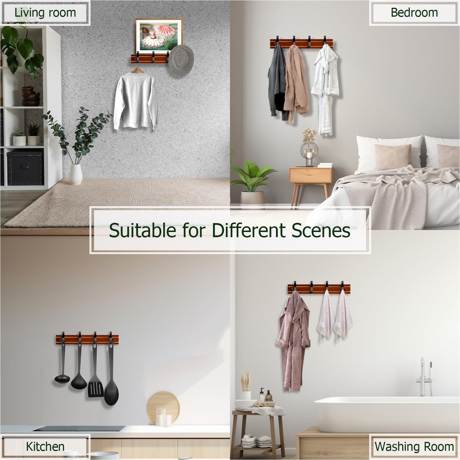 Coat Rack Wall Mount, Pack of 2 Rustic Wall Coat Rack with 4 Hooks, Bamboo Wooden Coat Hook Rack for Wall, Brown Farmhouse Coat Rack Wall Mounted, Wall Coat Hangers for Bedroom,Office