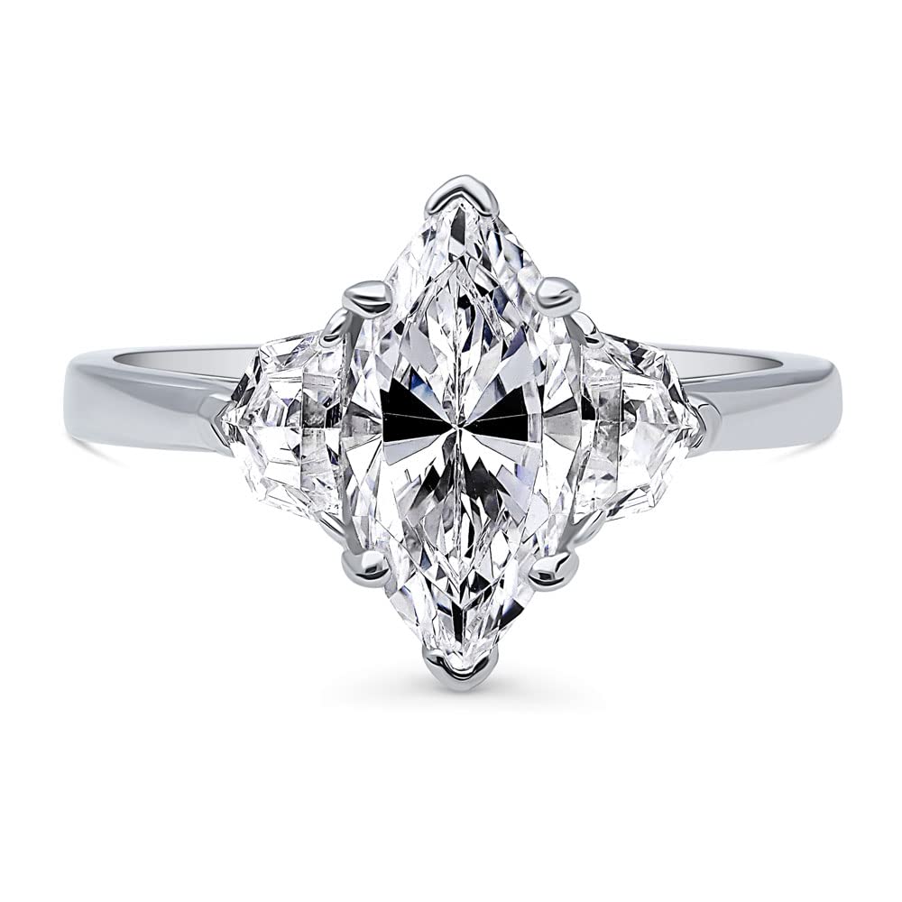 BERRICLE Sterling Silver 3-Stone Wedding Engagement Rings Marquise Cut Cubic Zirconia CZ Ring for Women, Rhodium Plated Size 7