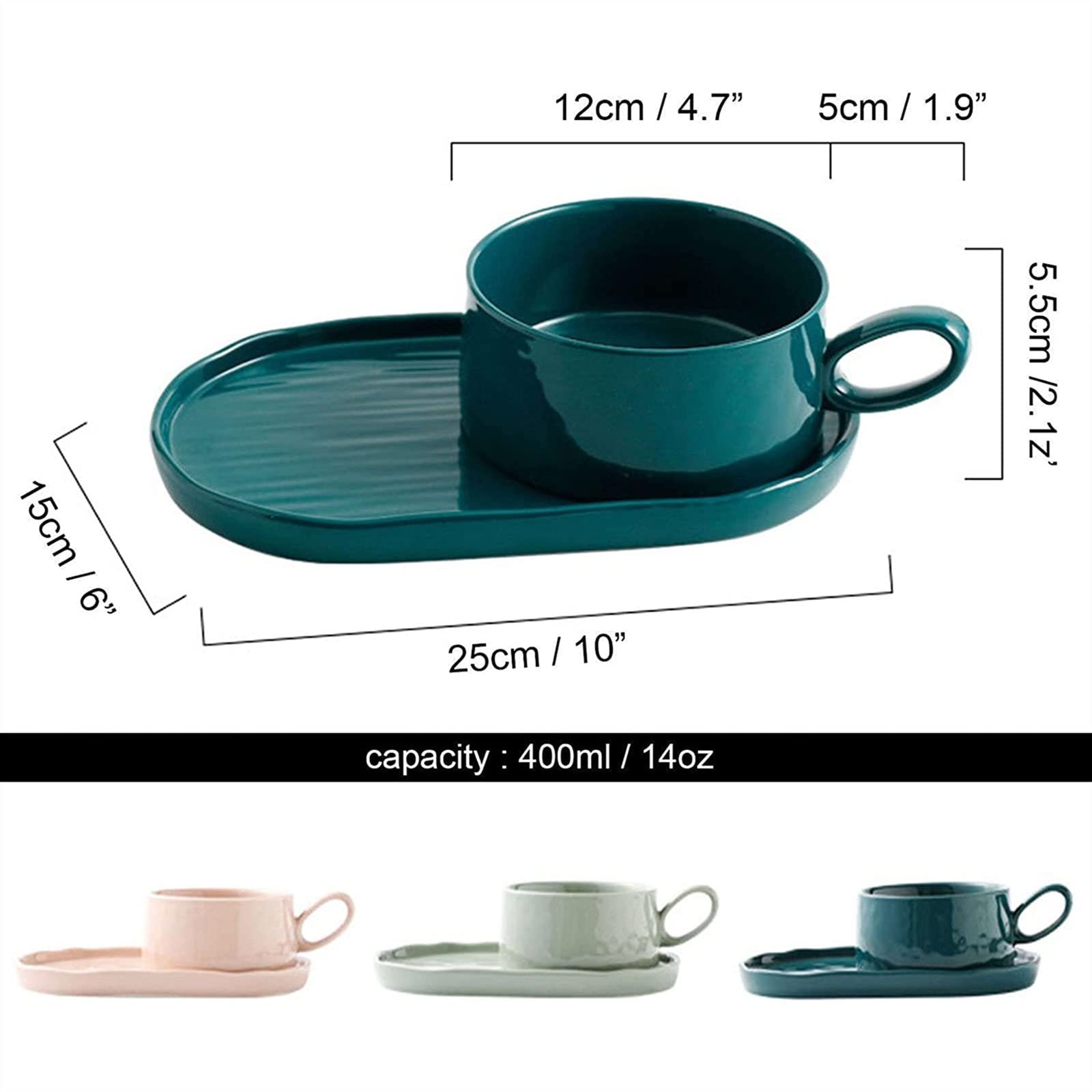 Ceramic Breakfast Bowls Set for Oatmeal, Bread, Soup Bowl and Sandwich Plate, French Onion Soup with Handle, Oven Safe (Color : Dark Green)