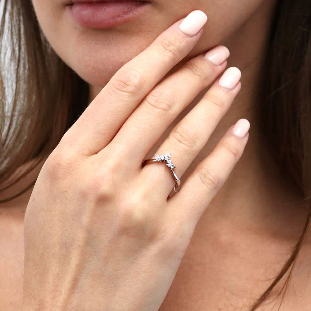 BERRICLE Sterling Silver 5-Stone Wedding Rings Cubic Zirconia CZ Chevron Curved Band for Women, Rhodium Plated Size 8