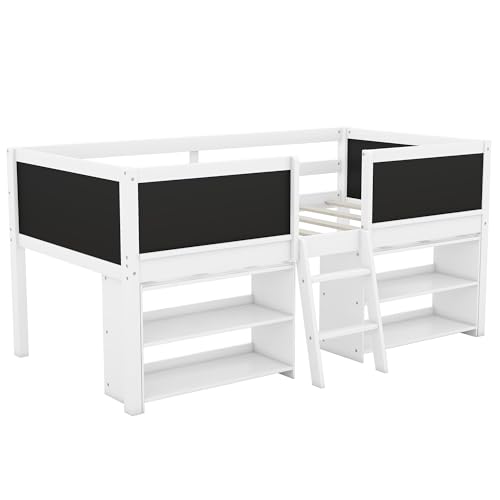 Low Loft Bed with 2 Movable Storage Shelves,Loft Bed with Chalkboard and Ladder,Twin Loft Bed Frames for Kids,Kids Twin Bed Frame Kid Bed Loft Bed for Kids,No Box Spring Needed,White