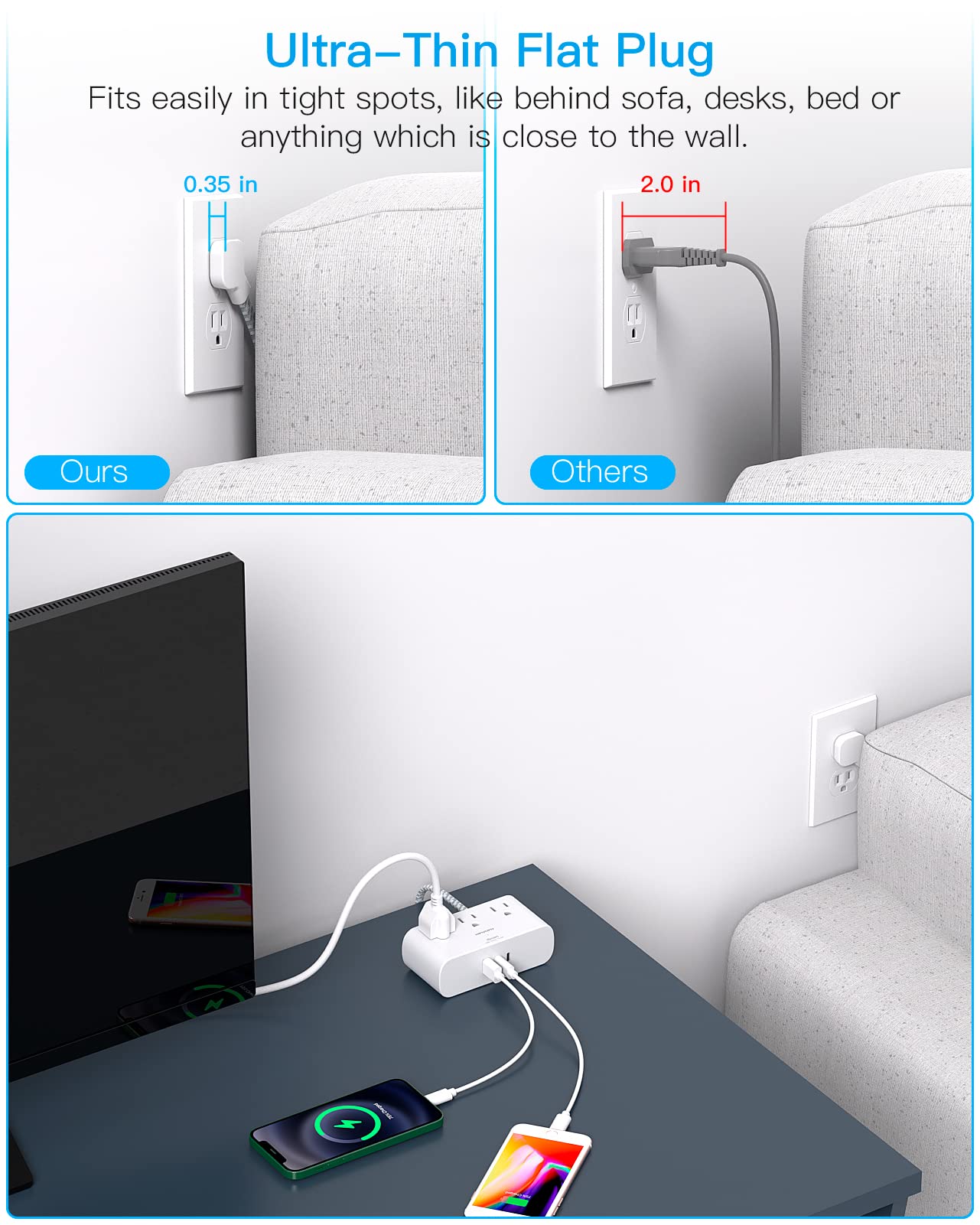 Black Power Strip Surge Protector and 6Ft Ultra Thin Flat Extension Cord