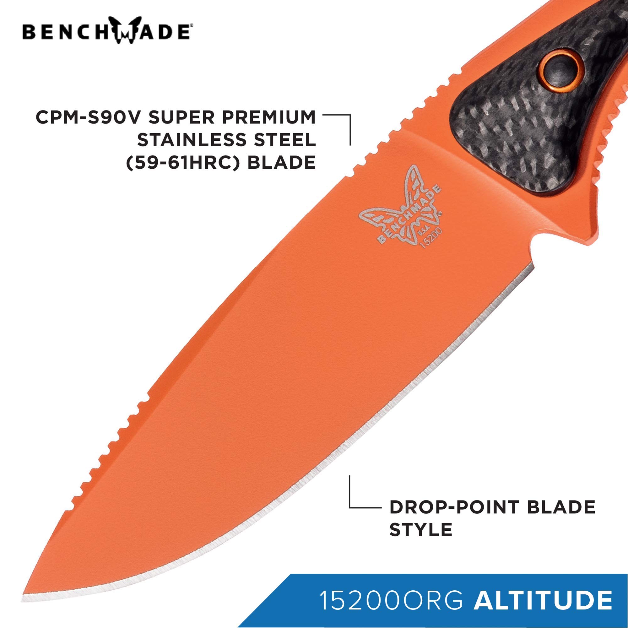 Benchmade - 15200ORG Altitude Knife, Drop-Point Blade, Plain Edge, Orange G10 Handle