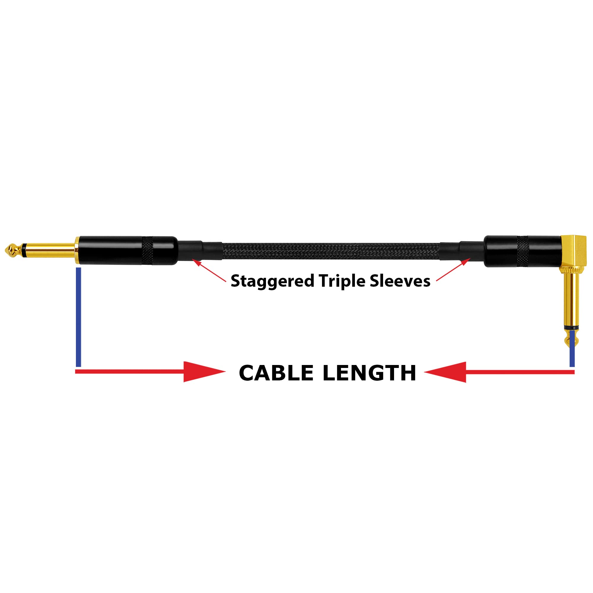 Audioblast - 2 Units - 4 Foot - HQ-1 - Braid (Black) Flexible-Dual Shielded(100%)-Guitar Instrument Effects Pedal Patch Cable w/Eminence Straight & Angled Gold ¼ inch (6.35mm) TS Plugs & Double Boots
