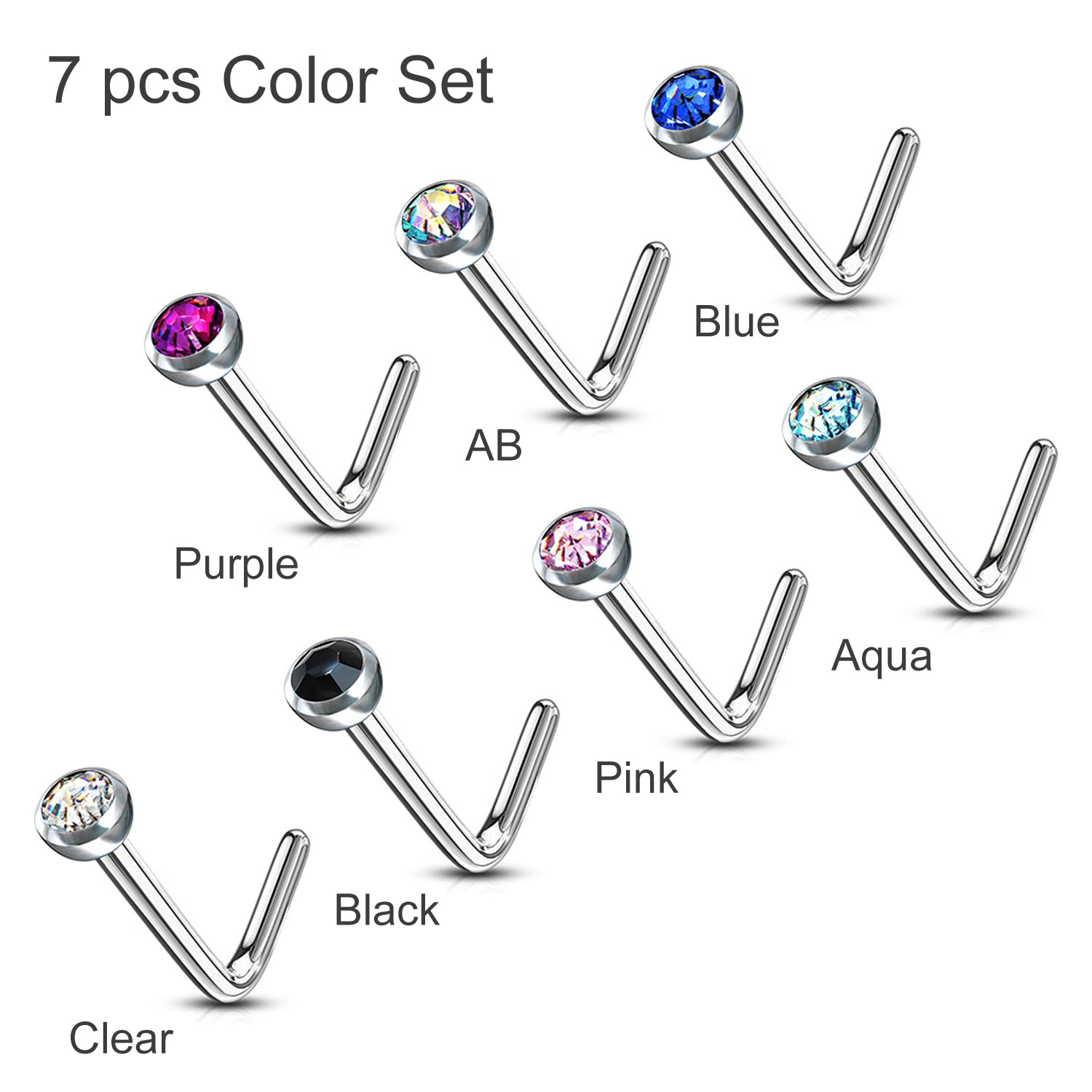 Berry Merry Craft 7 pcs Set 2mm Press Fit Gem 316L Surgical Steel L Bend Screw type Nose Stud Rings 18G 20G (18G 7pcs L Bend), Clear,Blue,Purple