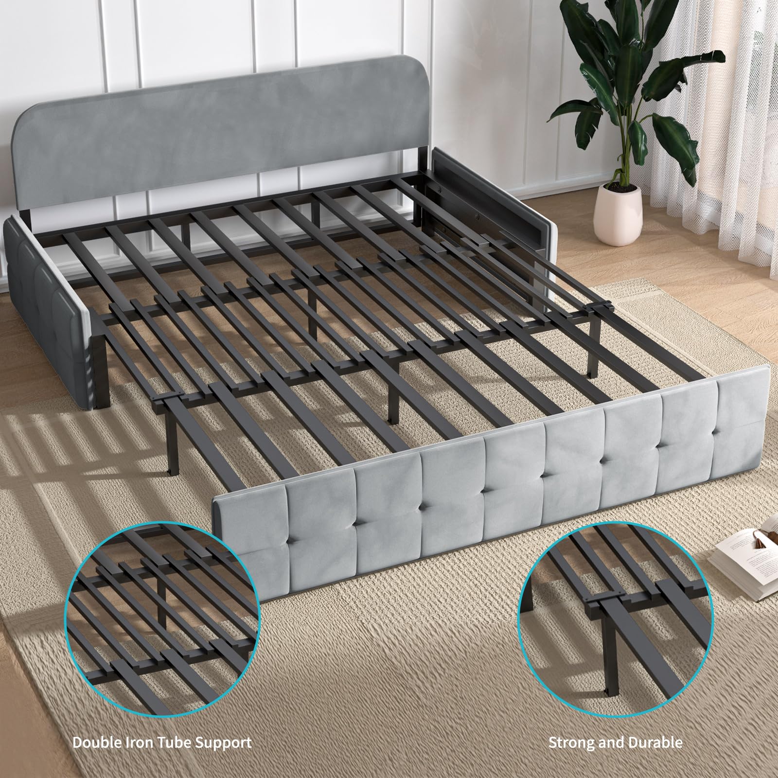CECER Queen Size Pull Out Sofa Bed, Guest Couch Bed with 2 Pillows, Velvet Convertible Sleeper Sofa with Foldable Mattress, 3 in 1 Armless Loveseat Bed for Living Room,Small Space(Light Grey)