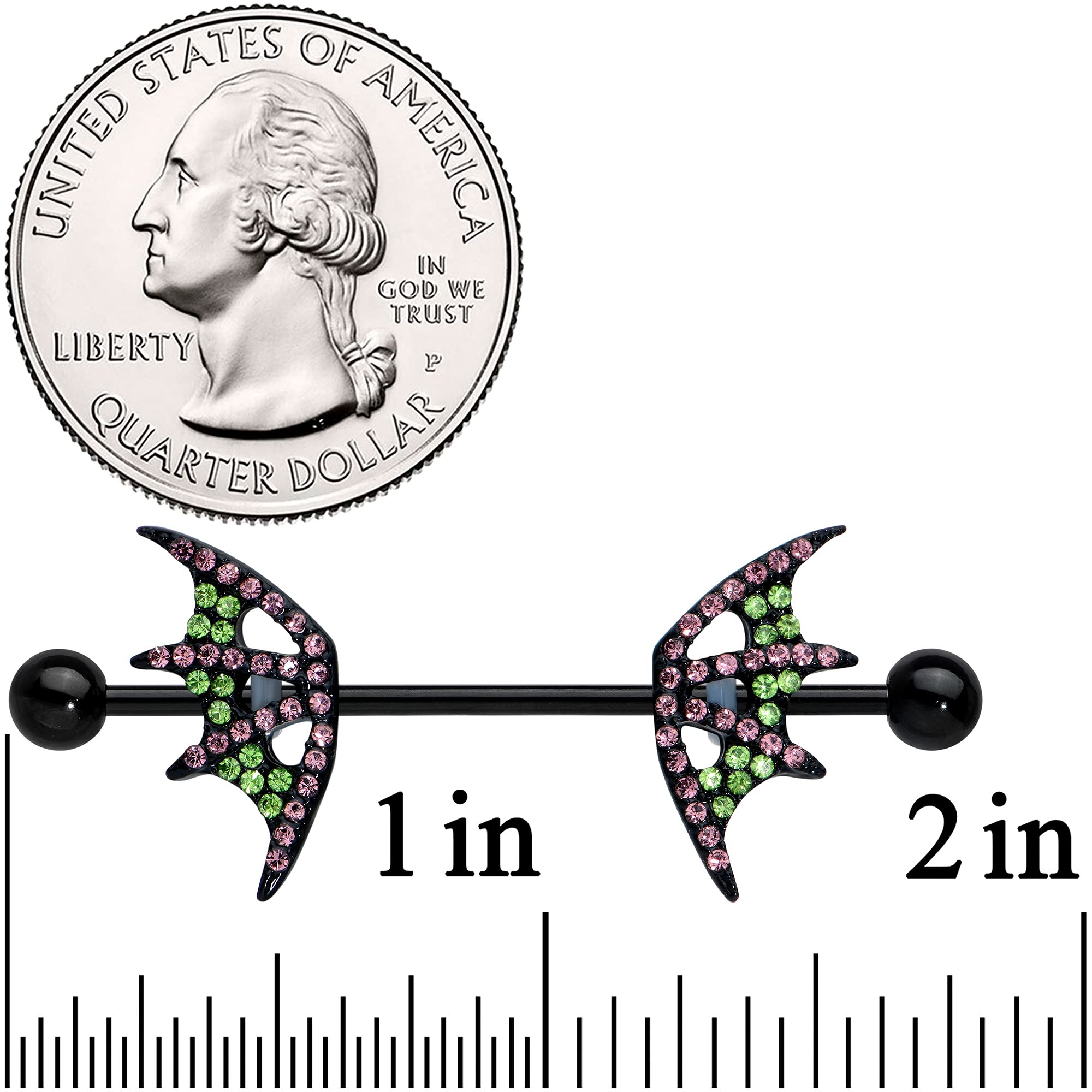 Body Candy 14G Womens Nipplerings Piercing Black PVD Steel 2Pc Pink Green Bat Wing Nipple Ring Set 20mm